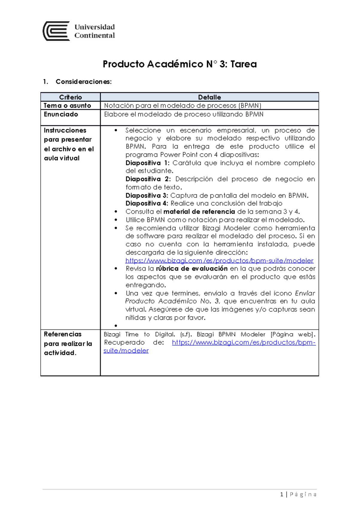 Producto Académico 03 - Producto Académico N° 3: Tarea 1. Consideraciones: Criterio Detalle Tema ...