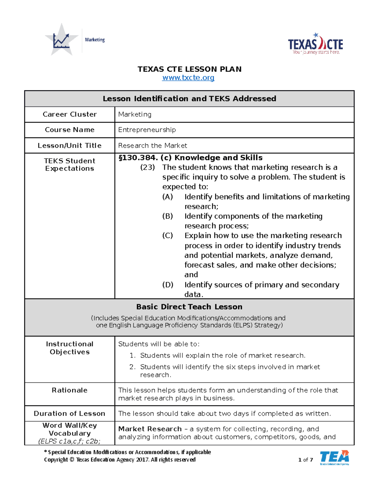 Lesson Plan Research the Market 0 - TEXAS CTE LESSON PLAN txcte Lesson ...