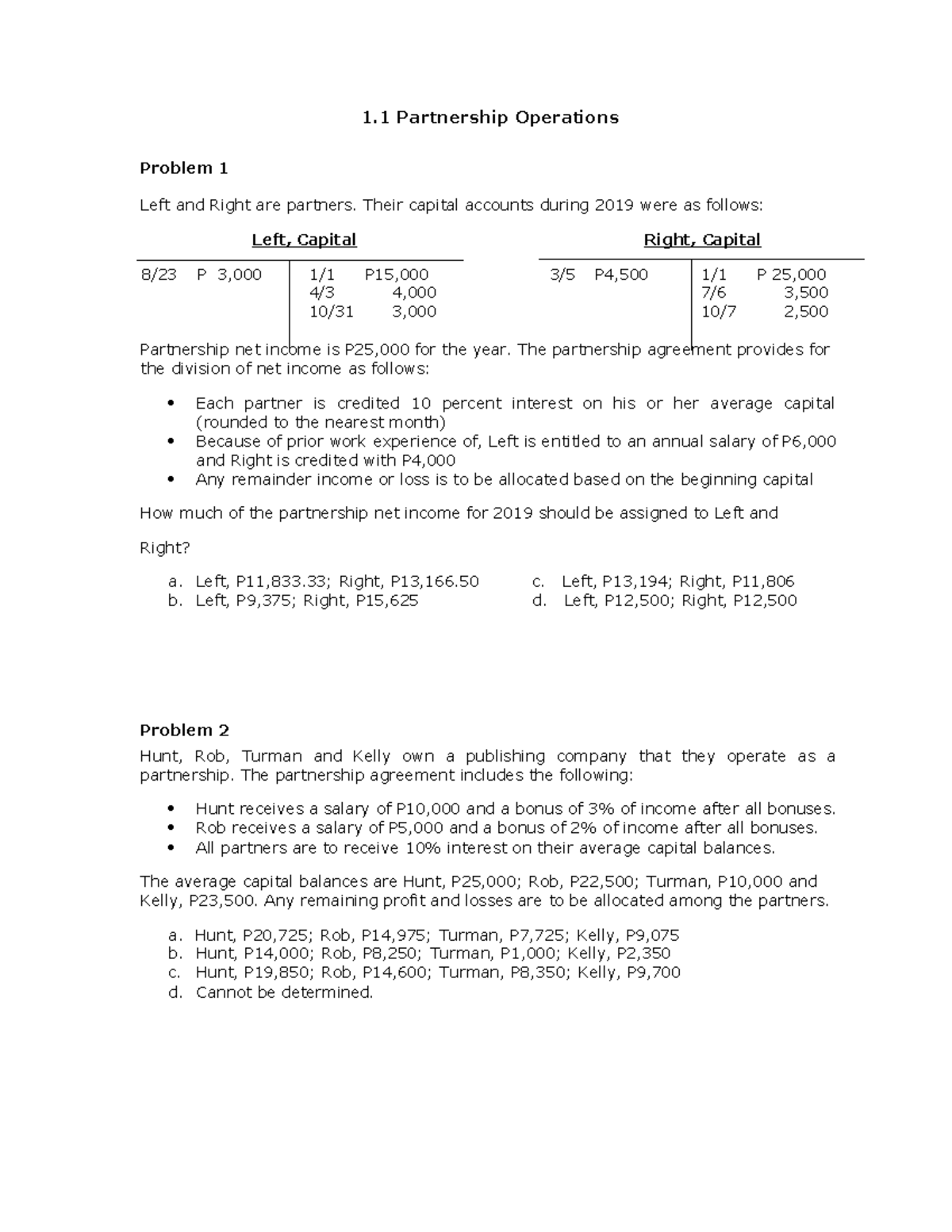 Partnership Operations - 1 Partnership Operations Problem 1 Left and ...