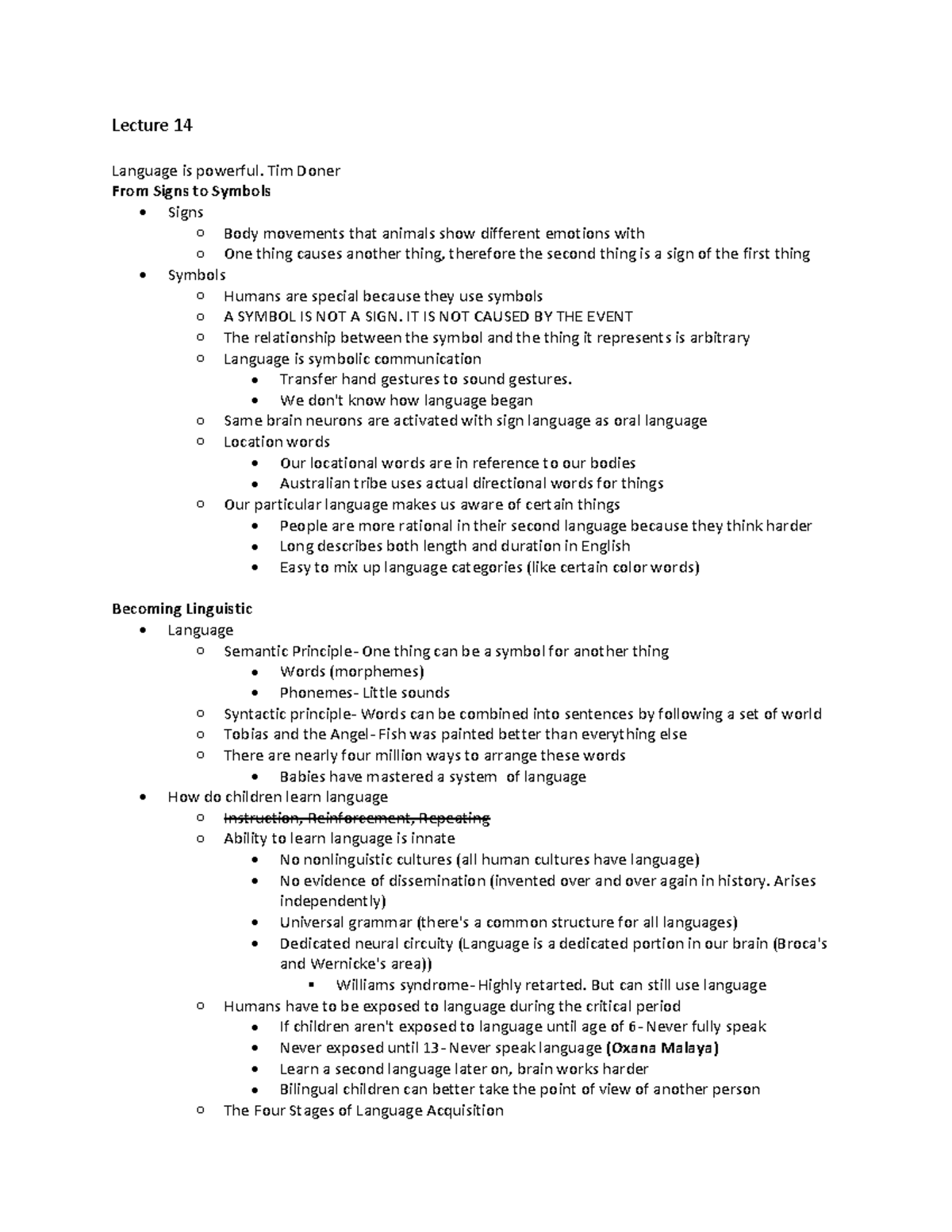 Intro to Psych - Lecture 14 - Lecture 14 Language is powerful. Tim ...