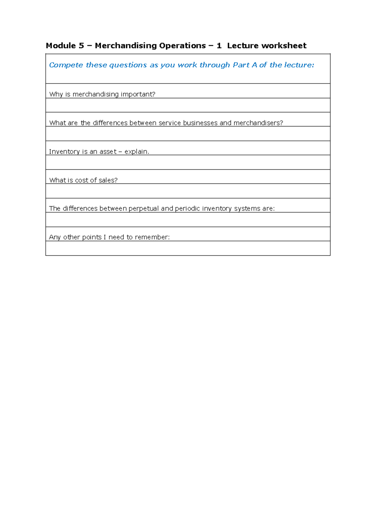 Module 5 Lecture worksheet 2024 - Module 5 – Merchandising Operations ...