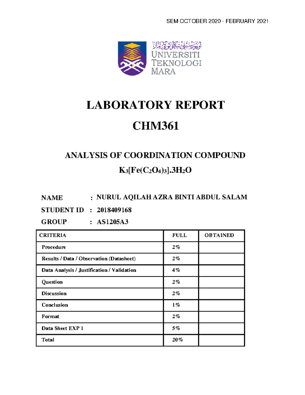 Analysis of Coordination Compound - LABORATORY REPORT CHM ANALYSIS OF ...