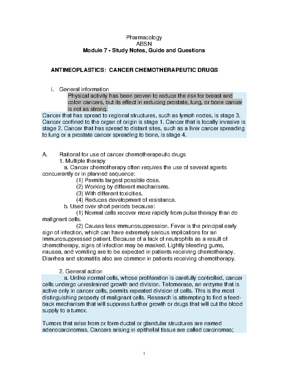 Module 7 Study Notes Guide and Questions Cancer - Pharmacology ABSN ...
