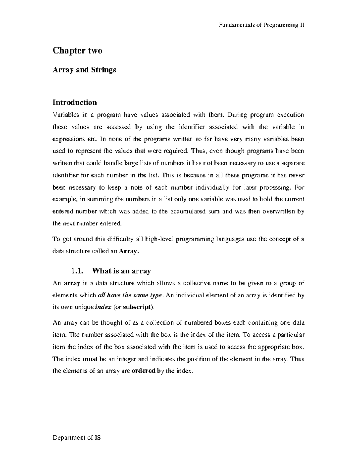 Chapter 2 Arrays And String Chapter Two Array And Strings Introduction Variables In A Program 