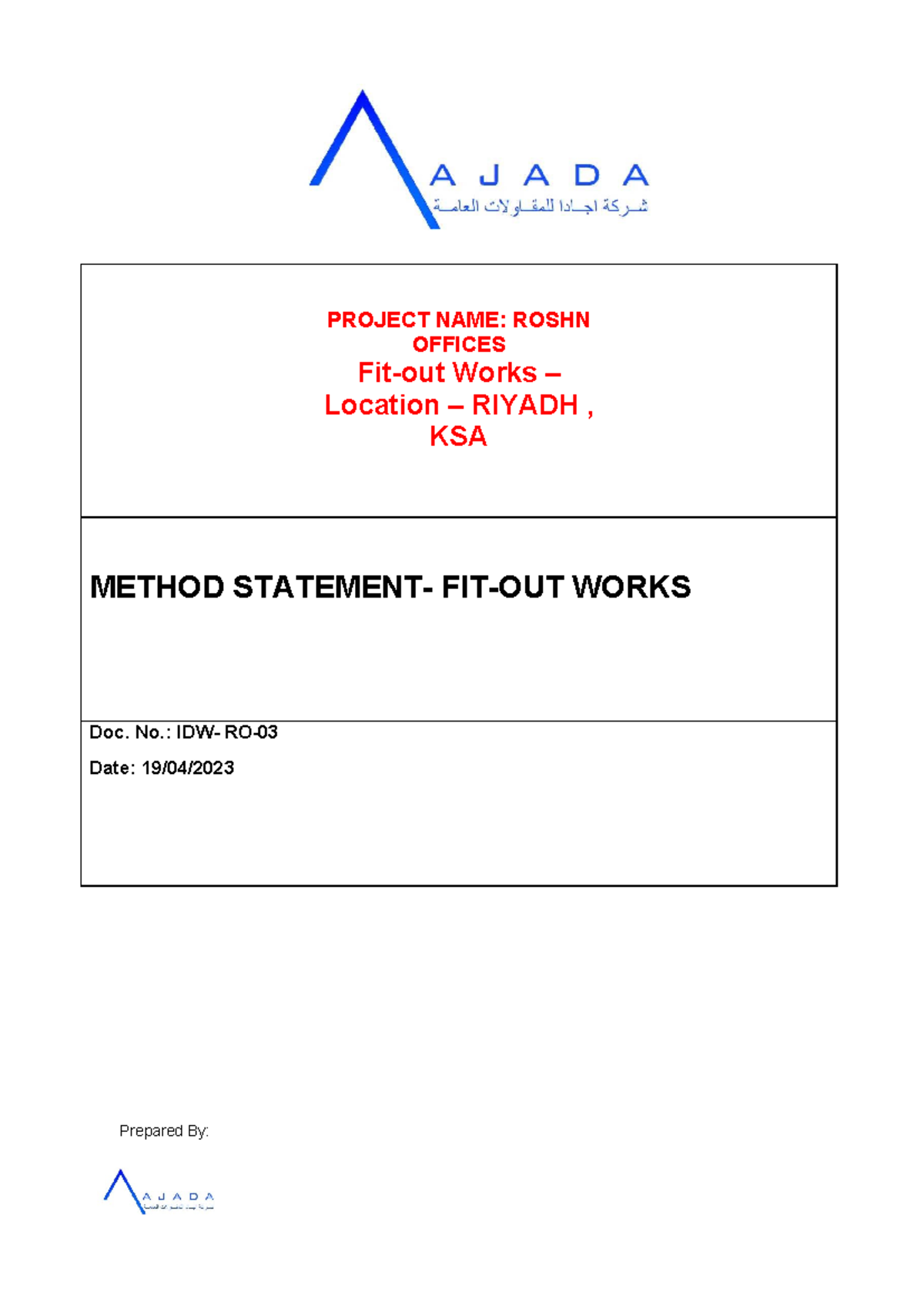 Method statement - PROJECT NAME: ROSHN OFFICES Fit-out Works – Location ...