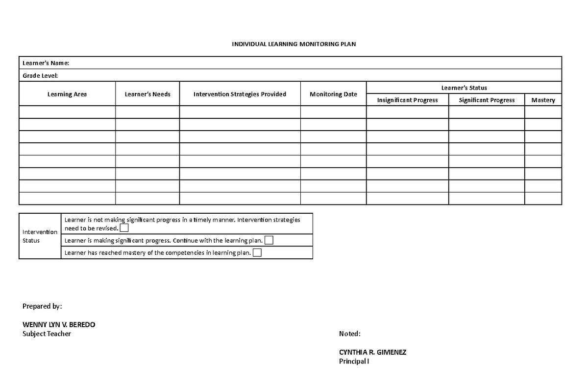 Individual-Learning-Monitoring-Plan Template - INDIVIDUAL LEARNING ...