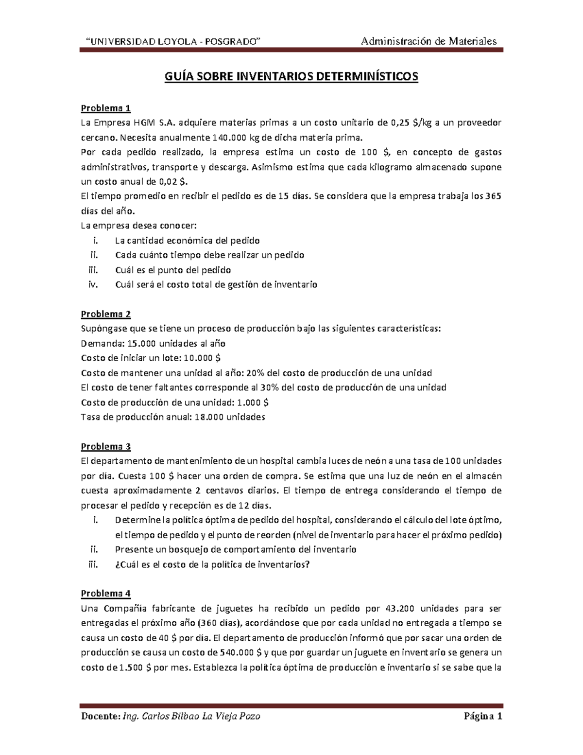 Guía de problemas Inventarios - GUÍA SOBRE INVENTARIOS DETERMINÍSTICOS ...