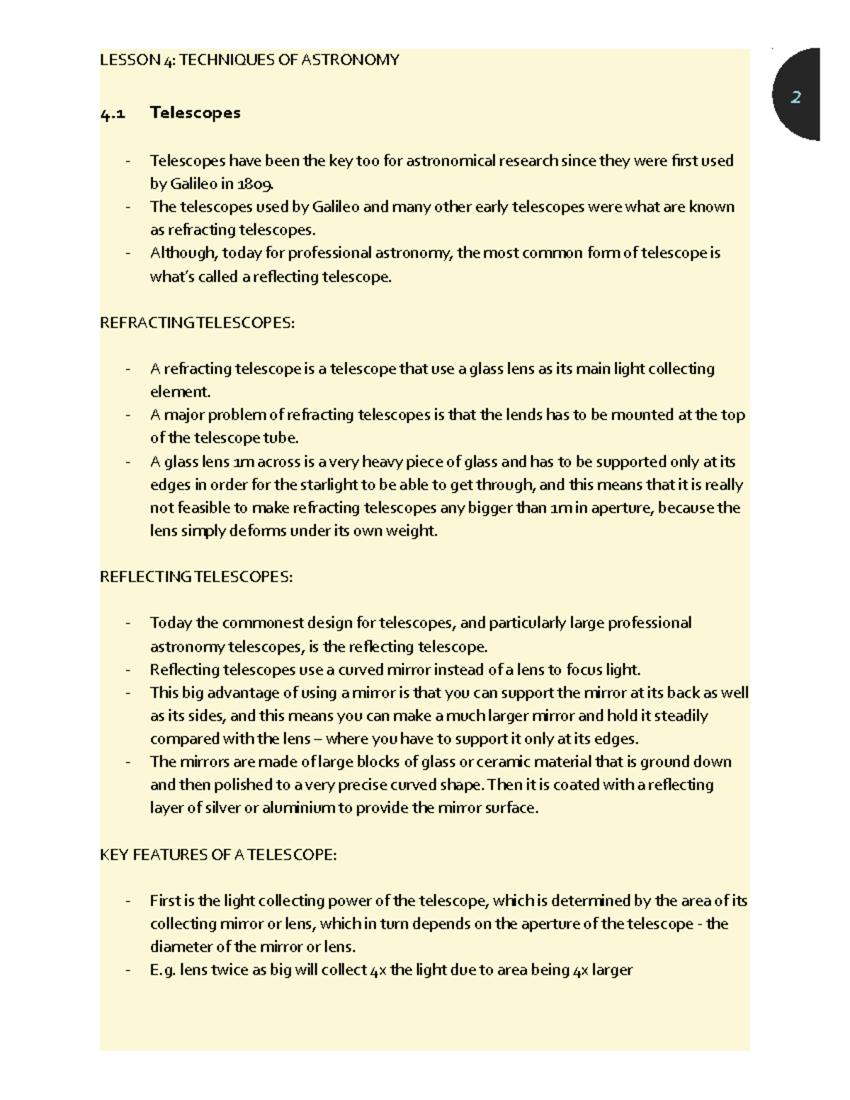 PHYS1160 Lesson 4 Notes - 2 4 Telescopes Telescopes have been the key ...