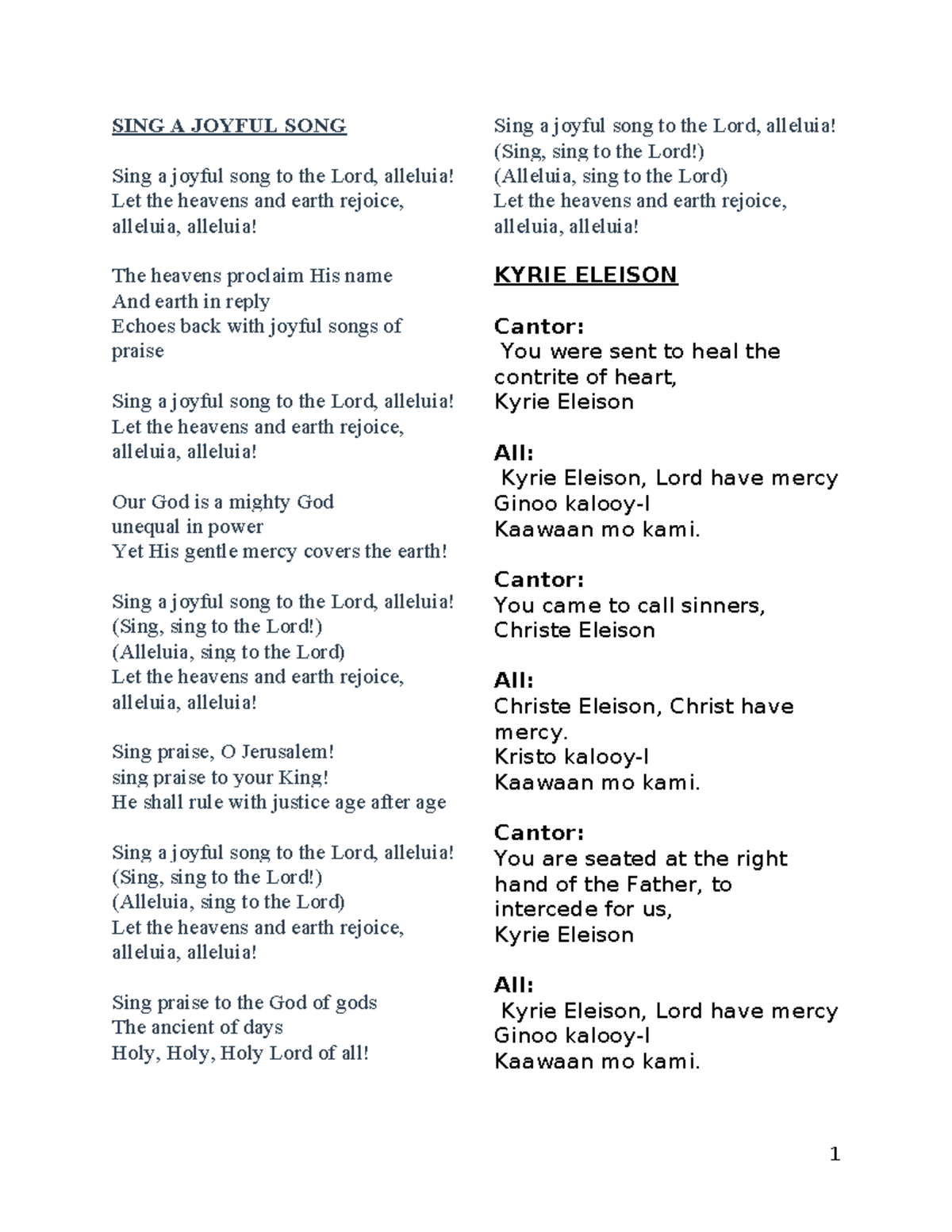 Choir- Songs-Chords - SING A JOYFUL SONG Sing a joyful song to the Lord ...