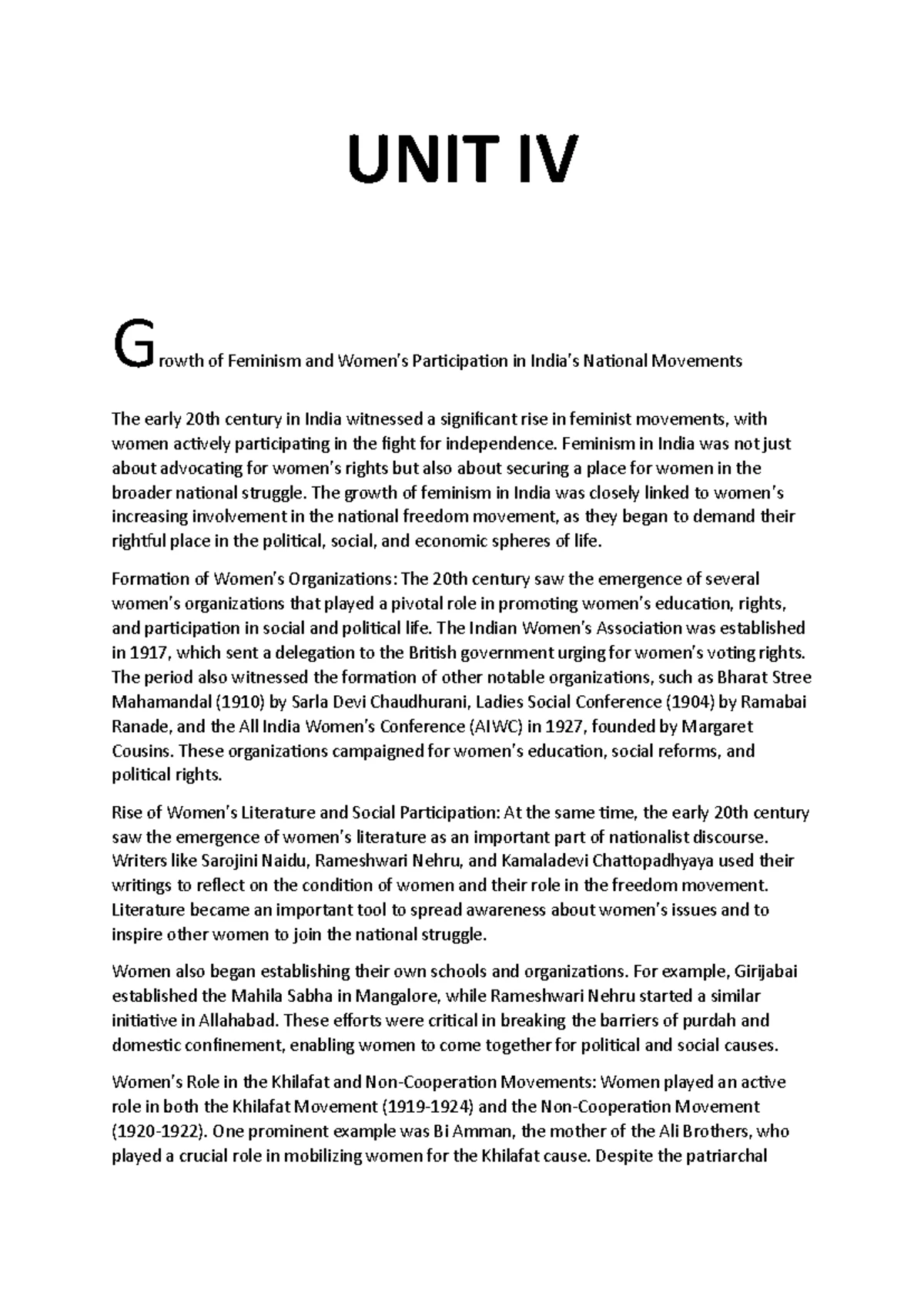 UNIT II - Unit 2 of women in Indian History GE - UNIT II The study of women in early Indian ...