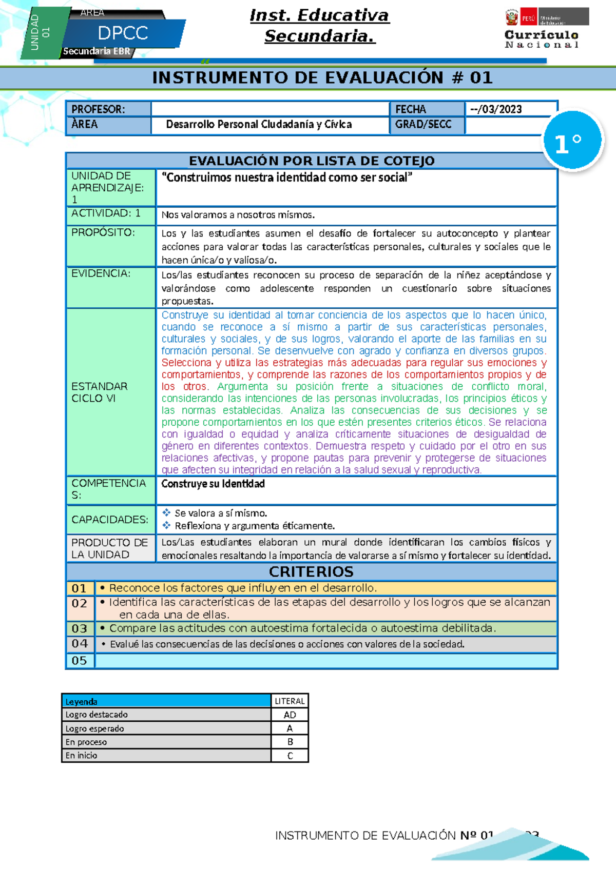 1º DPCC- LC ACT.1 UNI 1 SEM 01 - 2023 - UNIDAD 01 ÁREA Secundaria EBR DPCC Inst. Educativa - Studocu