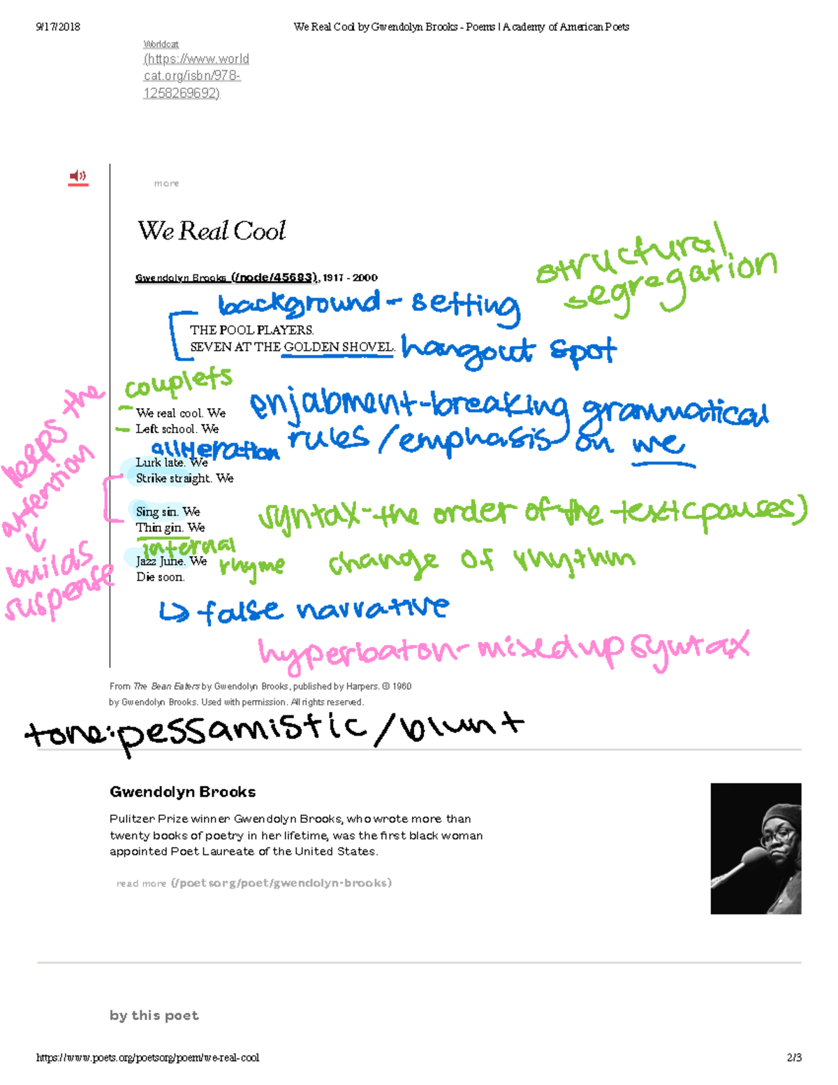 Brooks “We Real Cool” - Annotation - 9/17/2018 We Real Cool by ...