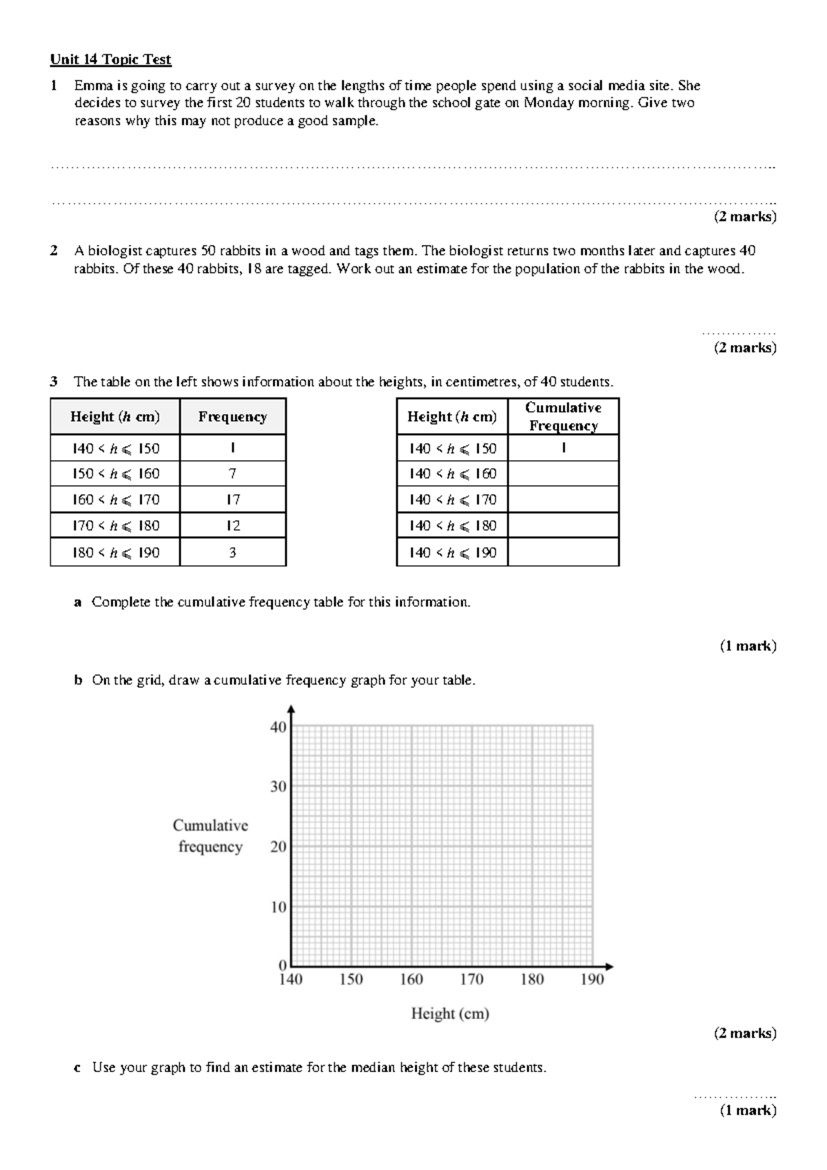 Lesson 10 Unit Test - Test on statistics - Unit 14 Topic Test 1 Emma is ...