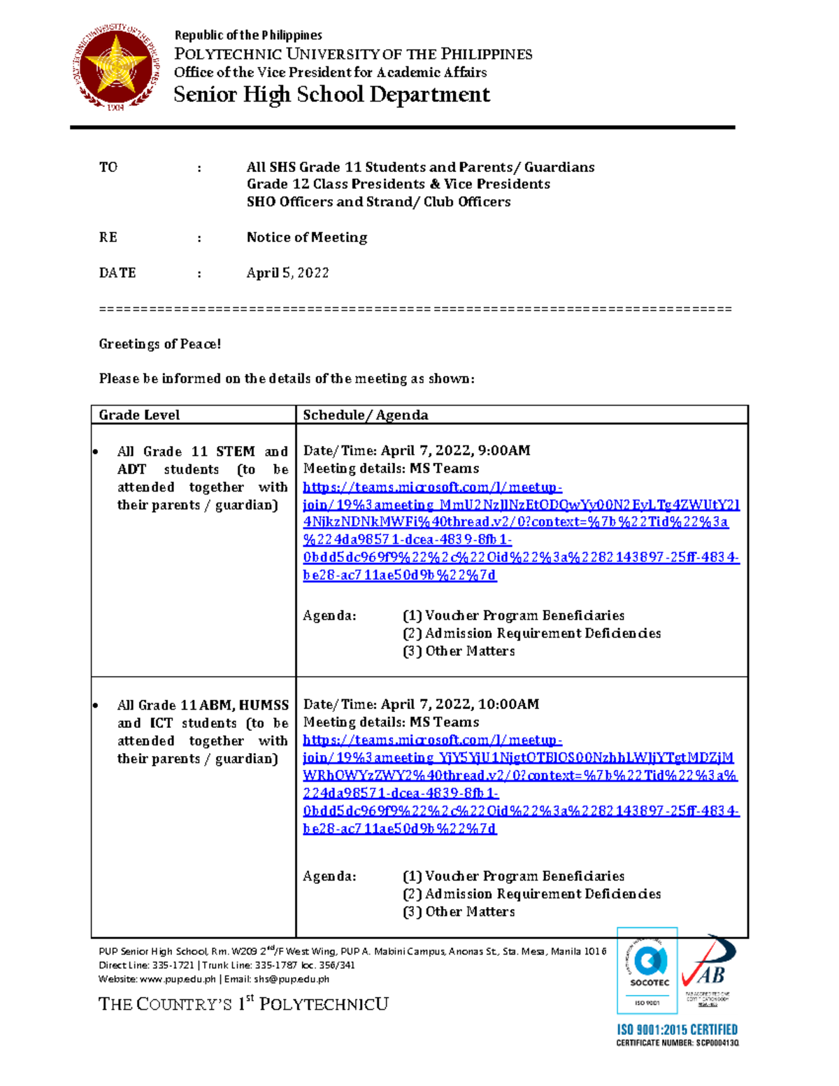 Notice-of-Meeting 04072022 - PUP Senior High School, Rm. W209 2nd/F ...