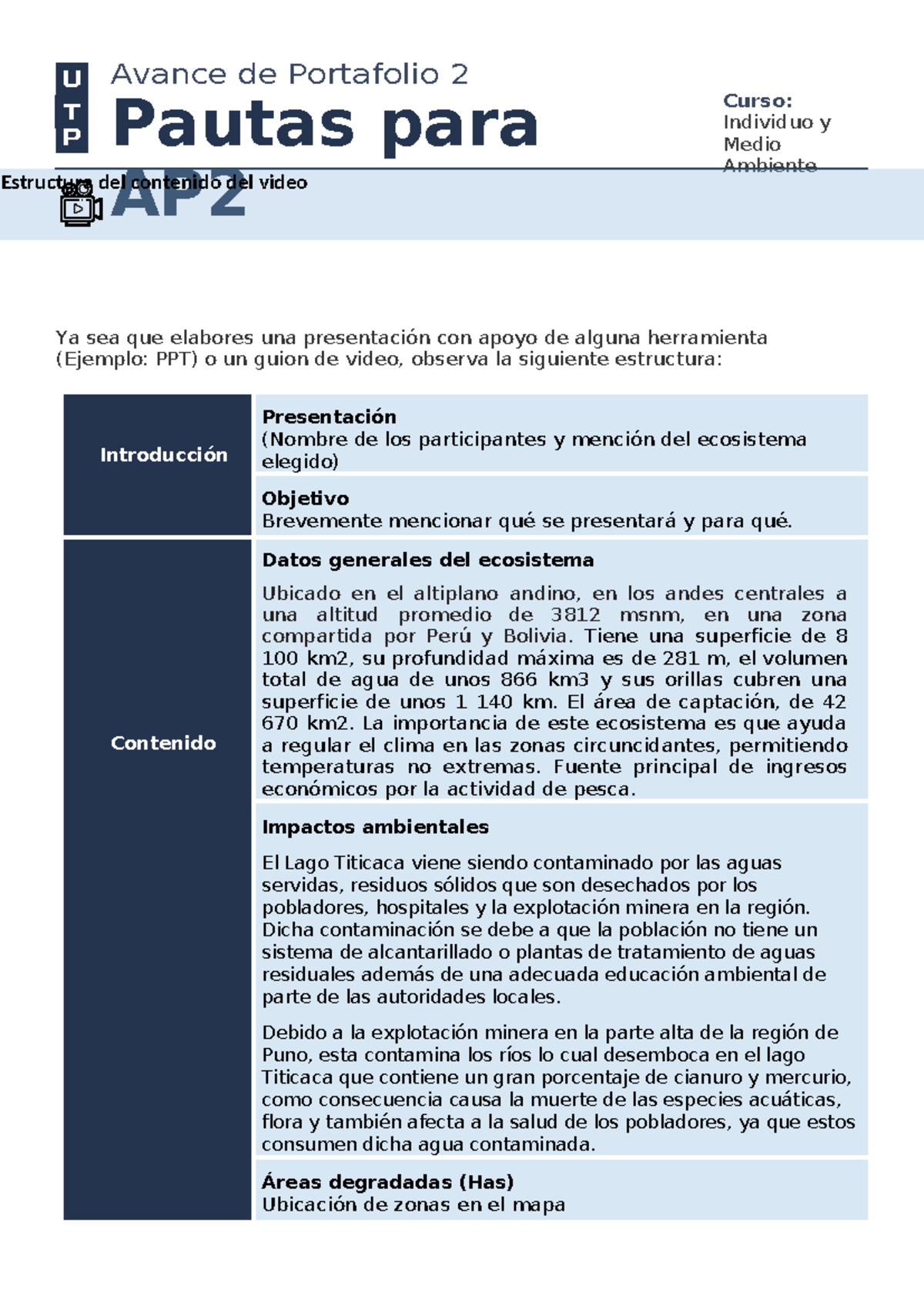 AP2 Medio Ambiente - estudia - Avance de Portafolio 2 Pautas para AP Curso: Individuo y Medio ...