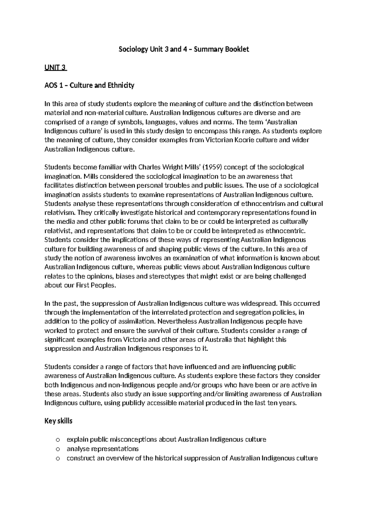 Sociology Unit 3 and 4 - Sociology Unit 3 and 4 – Summary Booklet UNIT ...