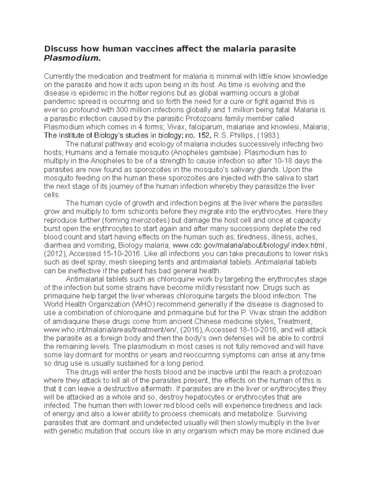 Maleria essay - Grade: 2:1 - Discuss how human vaccines affect the ...