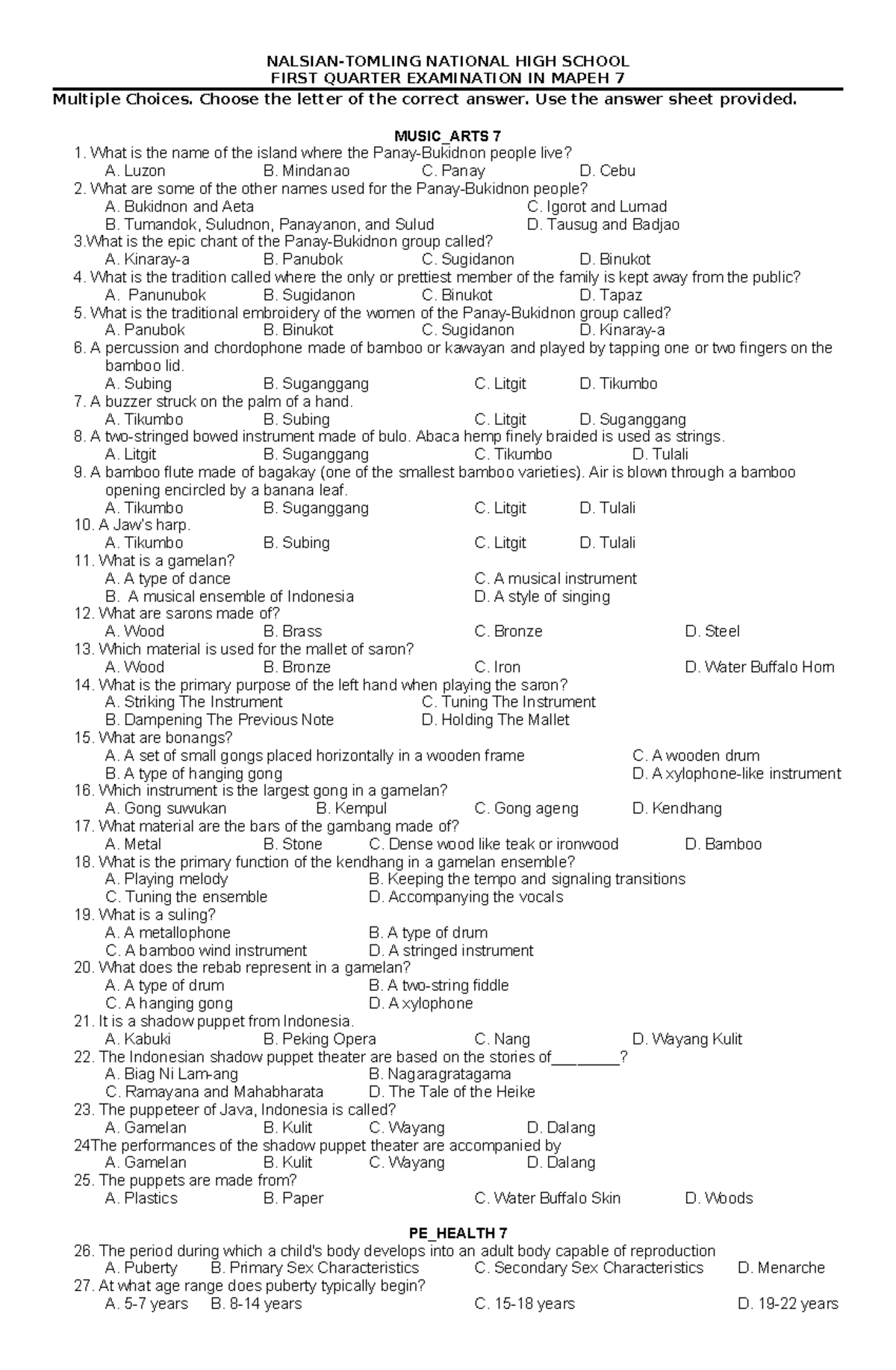 Second Quarter Examination in Mapeh 7 Matatag - Copy - NALSIAN-TOMLING ...