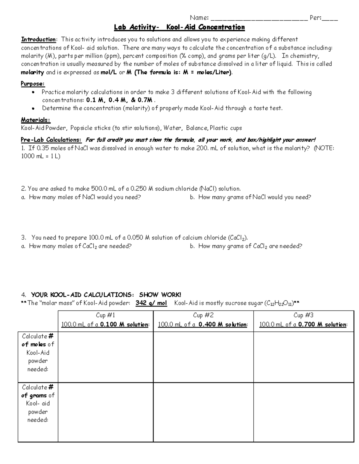 Activity kool aid - Molarity Concentration - Name: Lab Concentration ...
