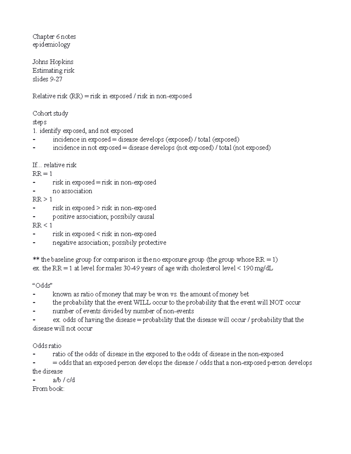 Chapter 6 notes - Chapter 6 notes epidemiology Johns Hopkins Estimating ...
