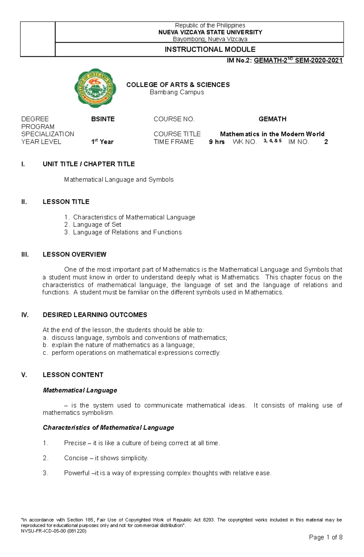 Module 2 Mathematics IN THE MW Copy - NUEVA VIZCAYA STATE UNIVERSITY ...