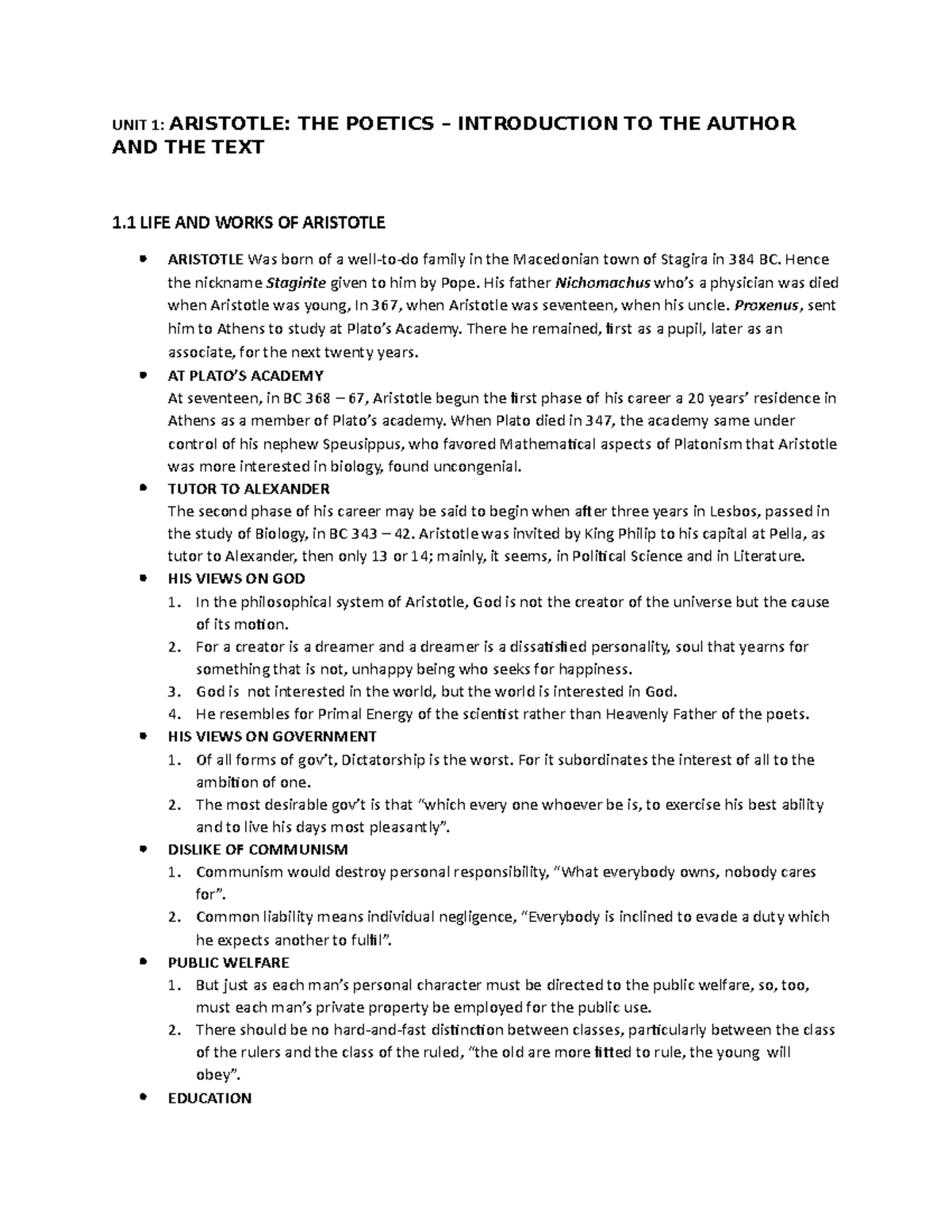 UNIT-1- Aristotle - UNIT 1: ARISTOTLE: THE POETICS – INTRODUCTION TO ...