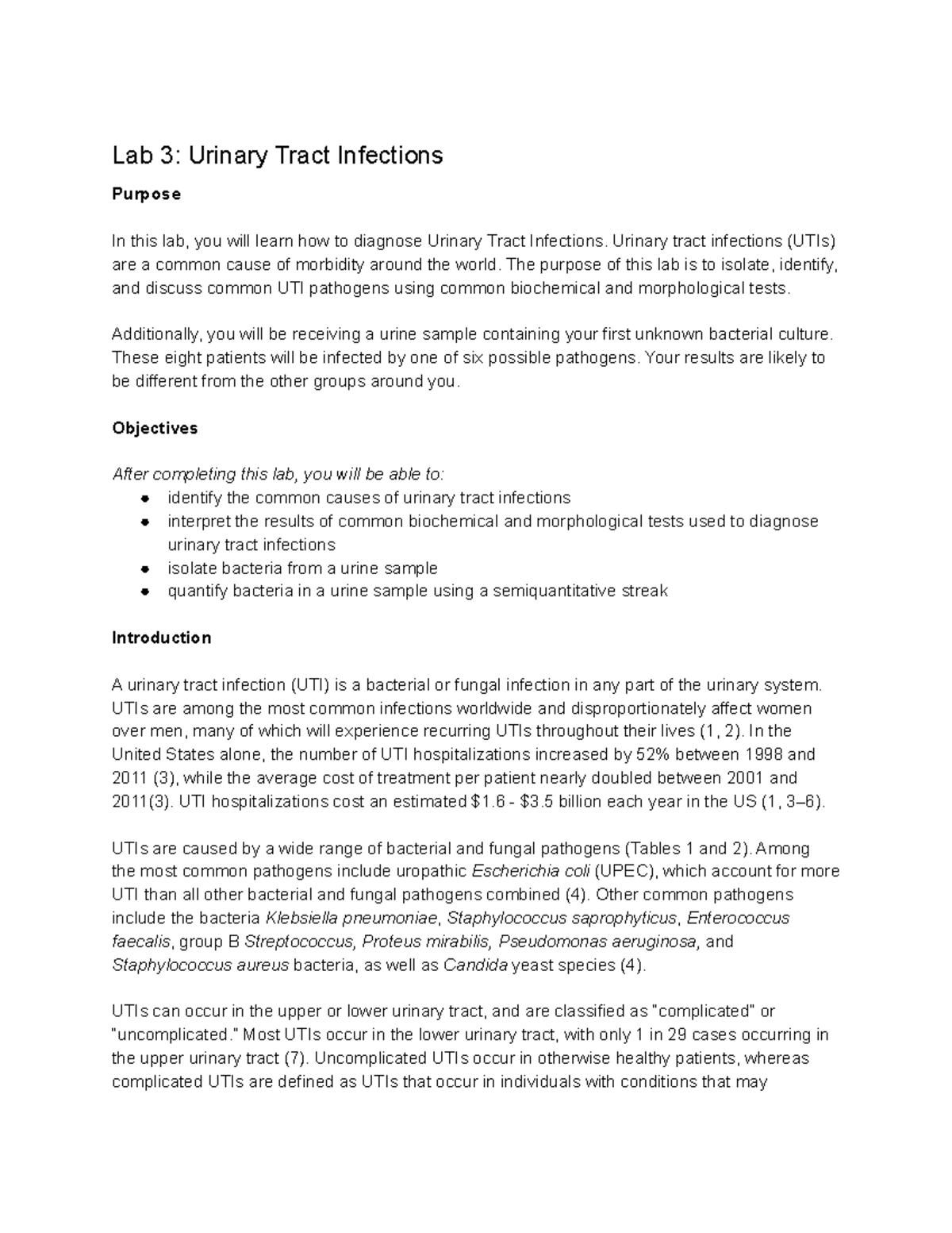 Lab 3 Urinary Tract Infections-2 - Lab 3: Urinary Tract Infections ...