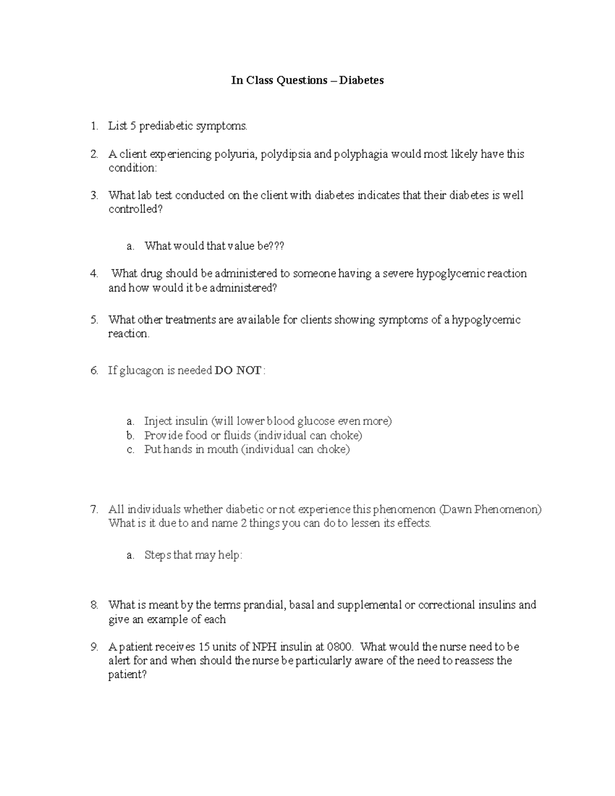 Diabetes Test your knowledge - In Class Questions – Diabetes List 5 ...