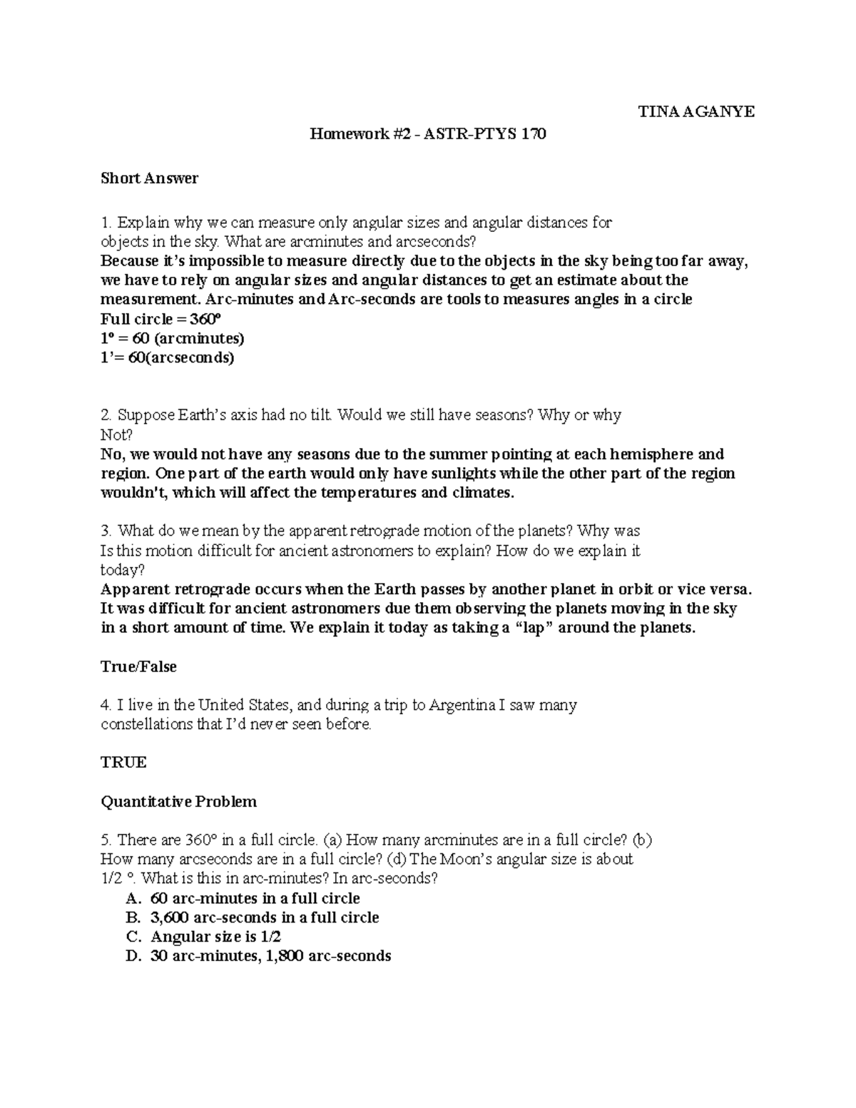 Homework 2 Astr Ptys 170 Tina Aganye Homework 2 Astr Ptys 170 Short Answer Explain Why