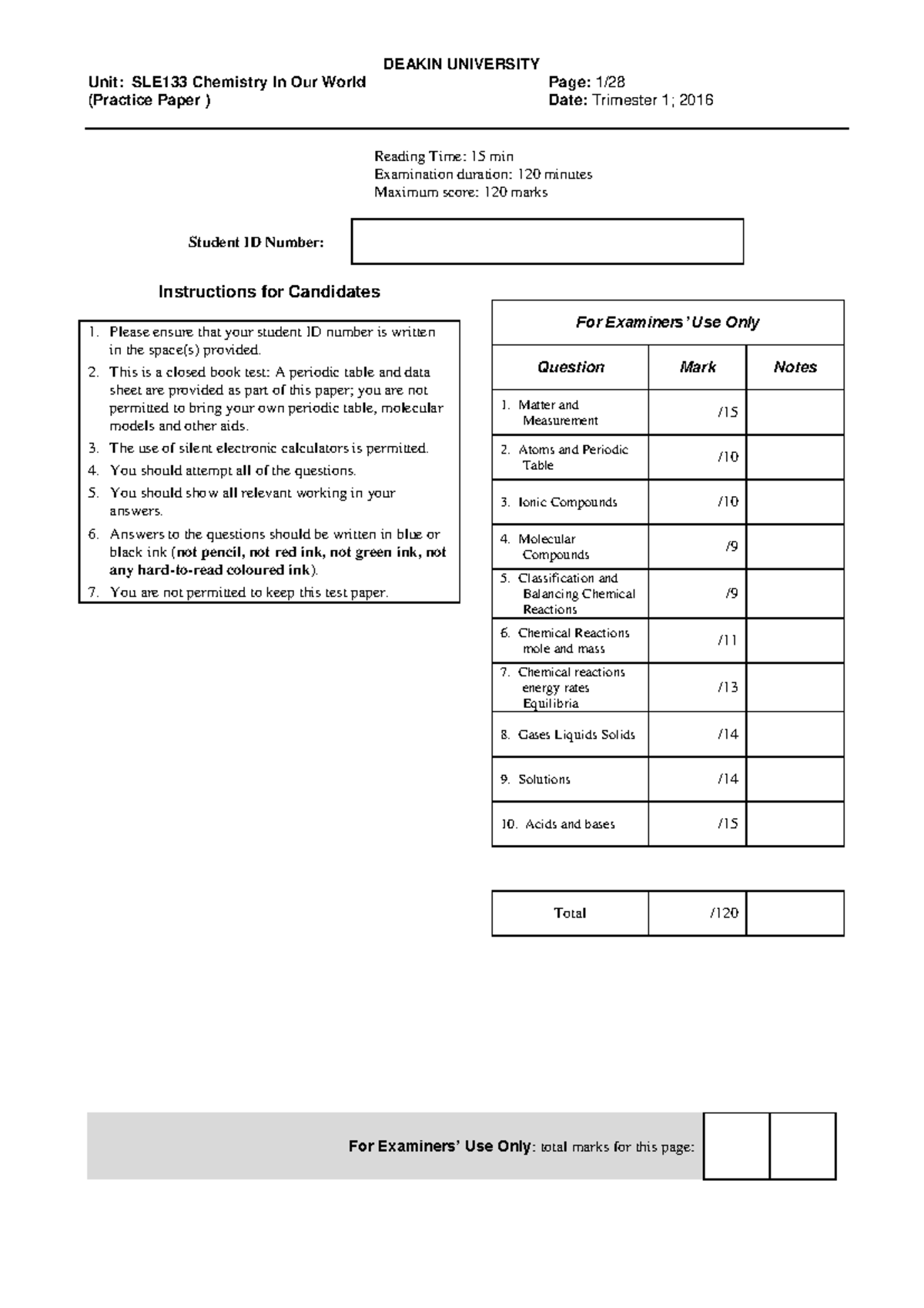 SLE133 Exam 2016 practice marking scheme - Unit: SLE133 Chemistry In ...