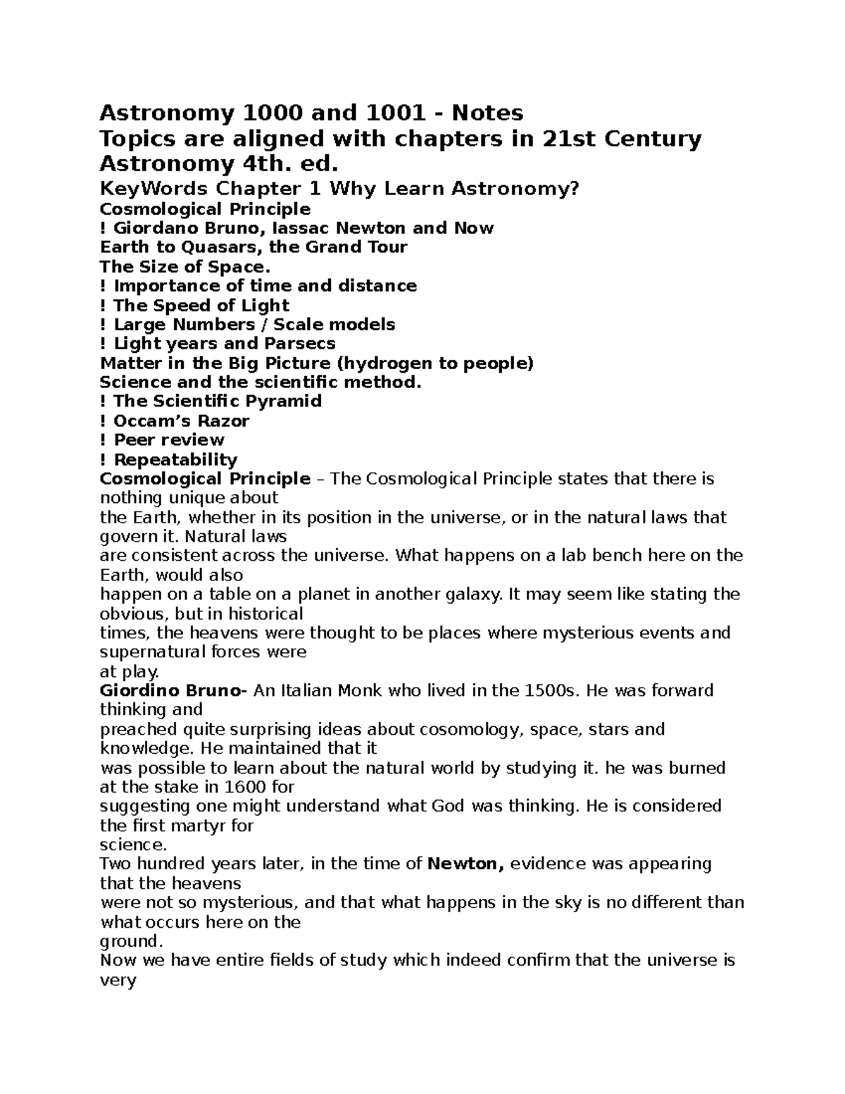 Chapter notes 1-4 - Astronomy 1000 and 1001 - Notes Topics are aligned ...