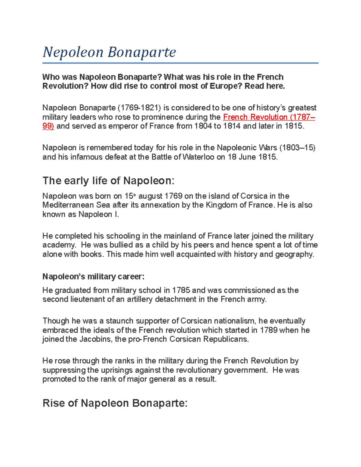 Nepoleon Bonaparte - summarised notes for history - Nepoleon Bonaparte ...