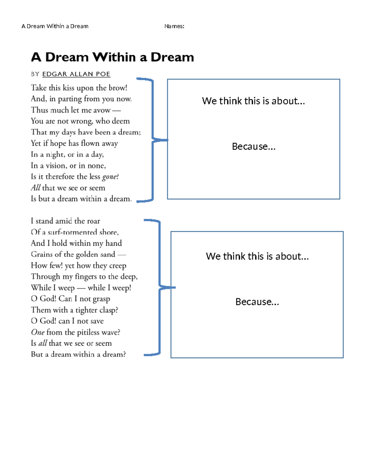 5 A dream within a Dream Worksheet - A Dream Within a Dream Names: We ...