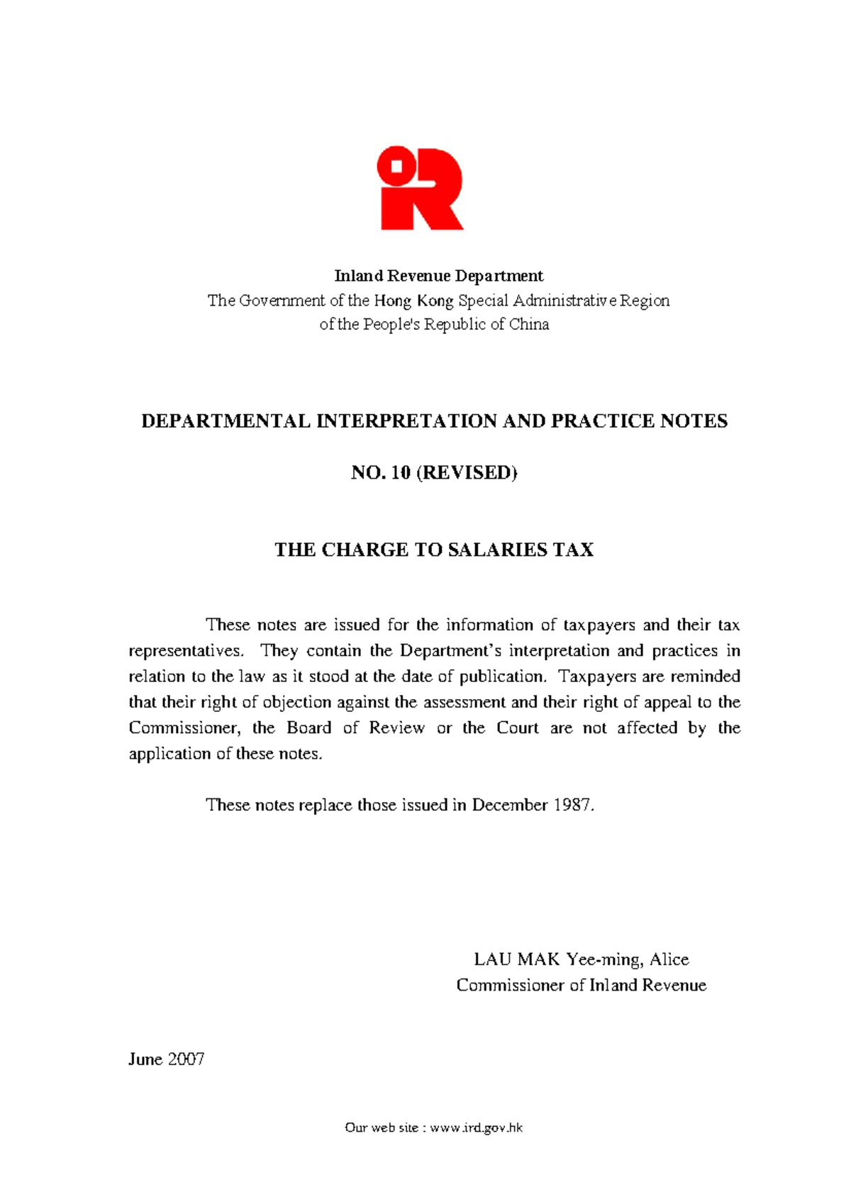 Taxation Hong Kong Dipn10 - Inland Revenue Department The Government of ...