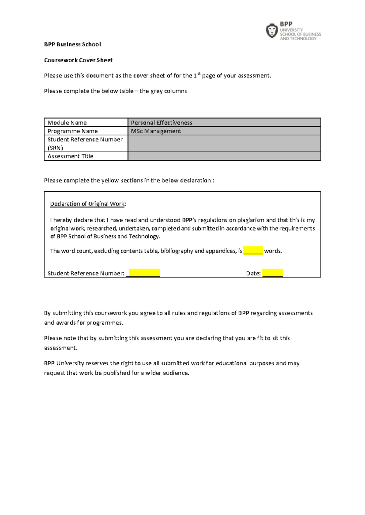 Personal Effectiveness Summative Brief (1) - BPP Business School Coursework Cover Sheet Please ...
