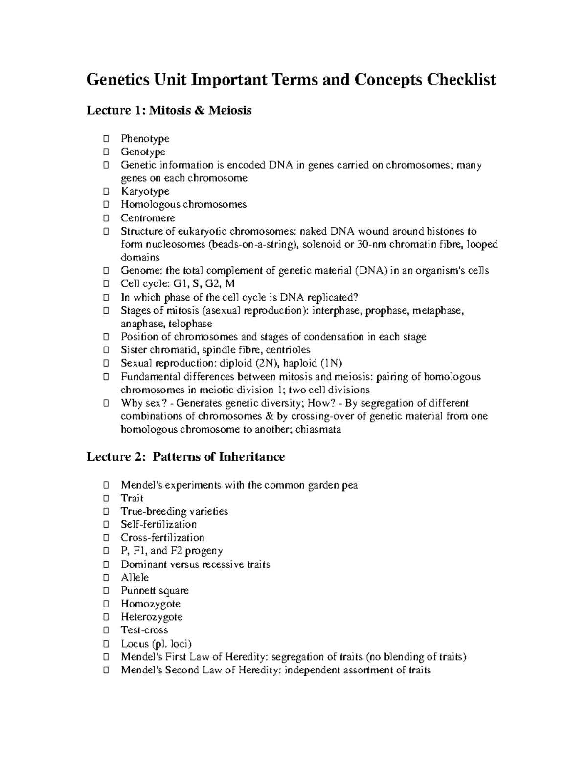 Genetics Unit Important Terms and Concepts Checklist - loci) First Law ...