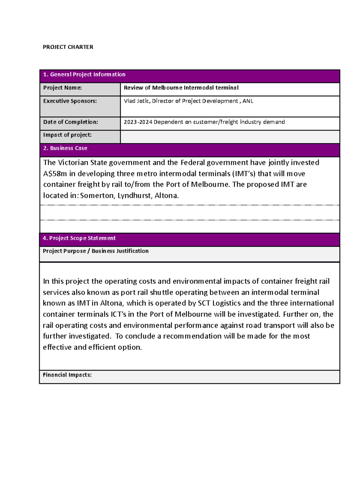 Project Charter - notes - PROJECT CHARTER 1. General Project ...