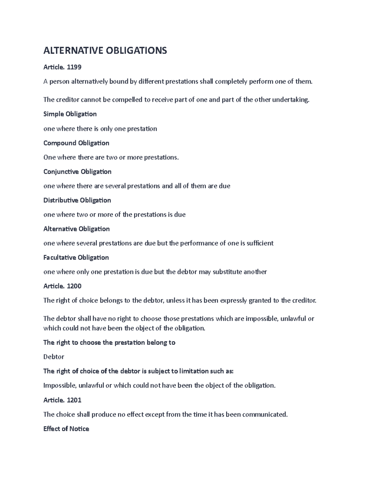 Alternative Obligations - ALTERNATIVE OBLIGATIONS Article. 1199 A ...