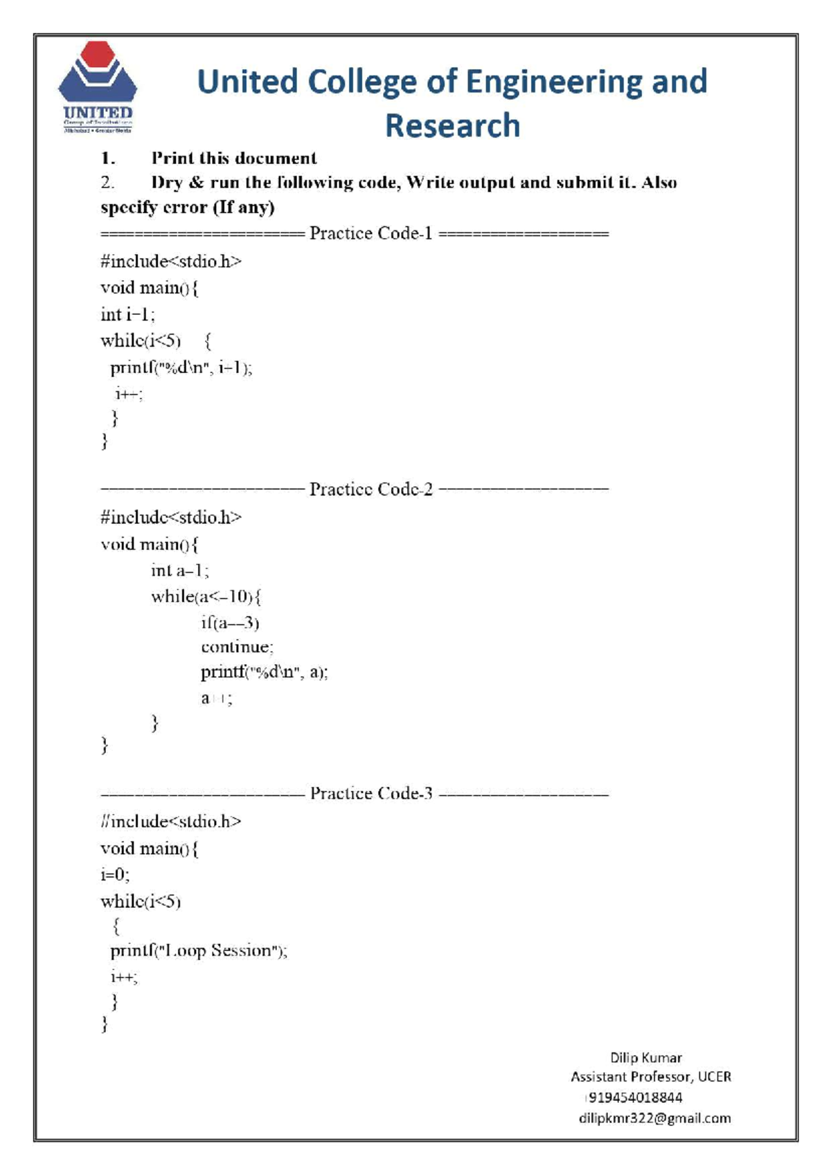 Dk Set Loop Practice 1 - Master of computer application - Studocu