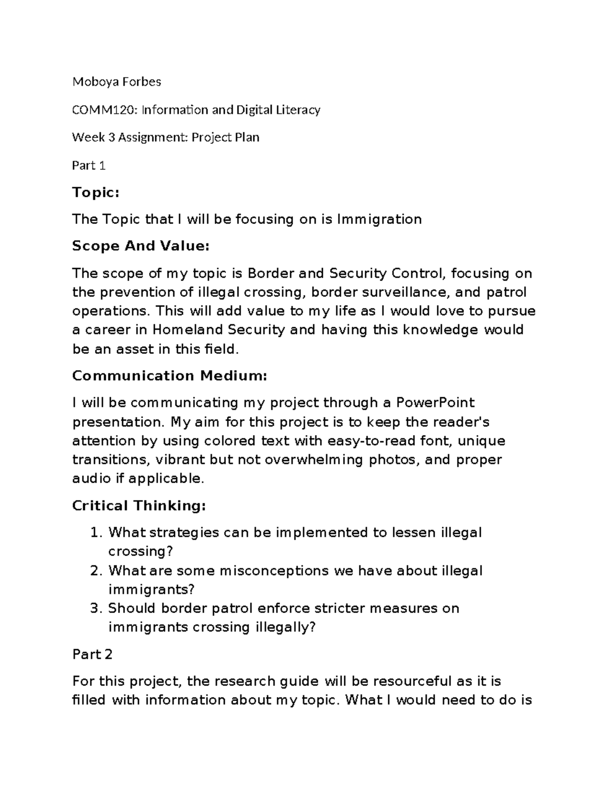 Week 3 Project Plan - Moboya Forbes COMM120: Information and Digital Literacy Week 3 Assignment ...