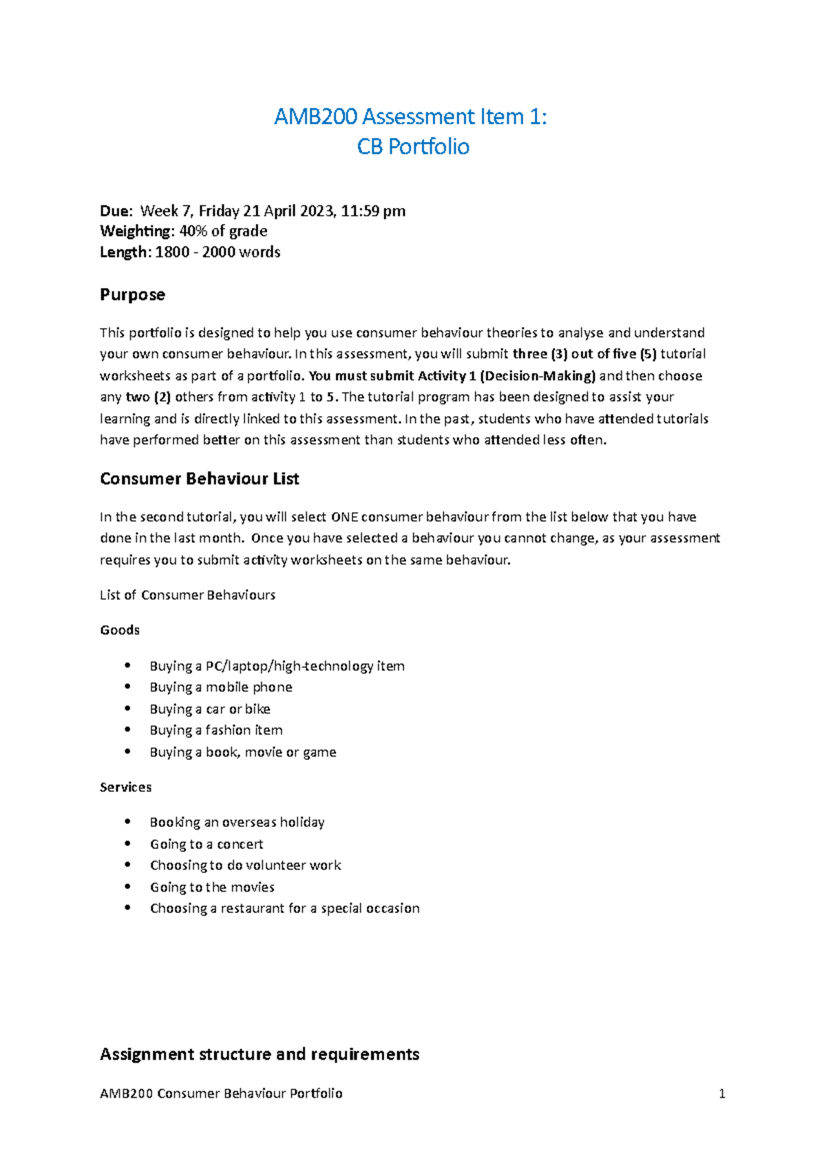 AMB200 Assignment 1 CB Portfolio - Task Instructions-1 - AMB200 ...