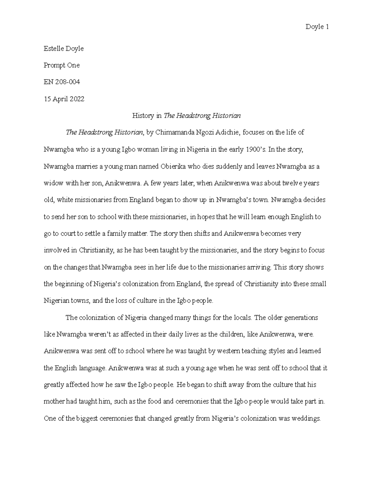 History in the headstrong historian - Estelle Doyle Prompt One EN 208 ...