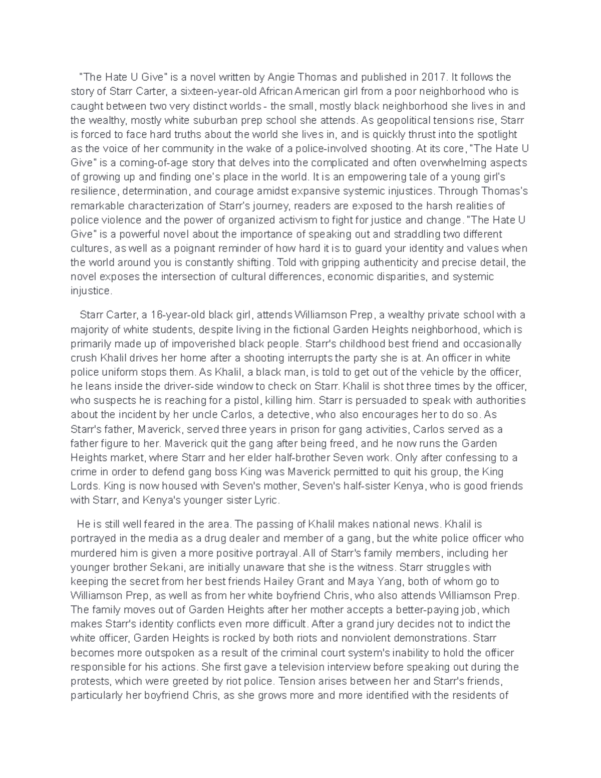 Critique akoa ni - “The Hate U Give” is a novel written by Angie Thomas ...