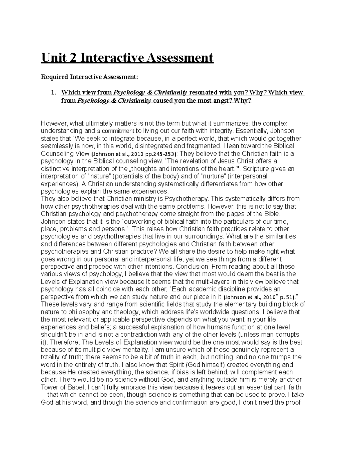 PSYC 4713 - Unit 2 Interactive Assessment - Unit 2 Interactive Assessment Required Interactive ...