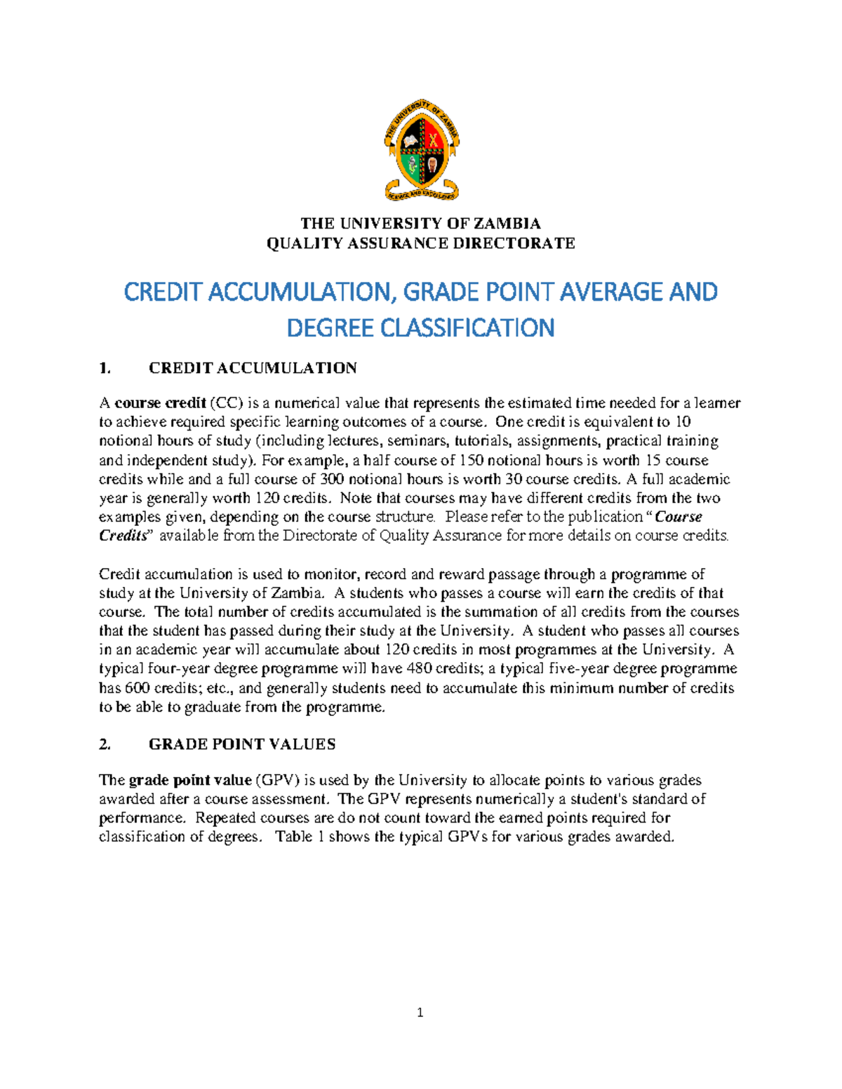 Guidelines for Credit Accumulation, Grade Point Average and Degree ...