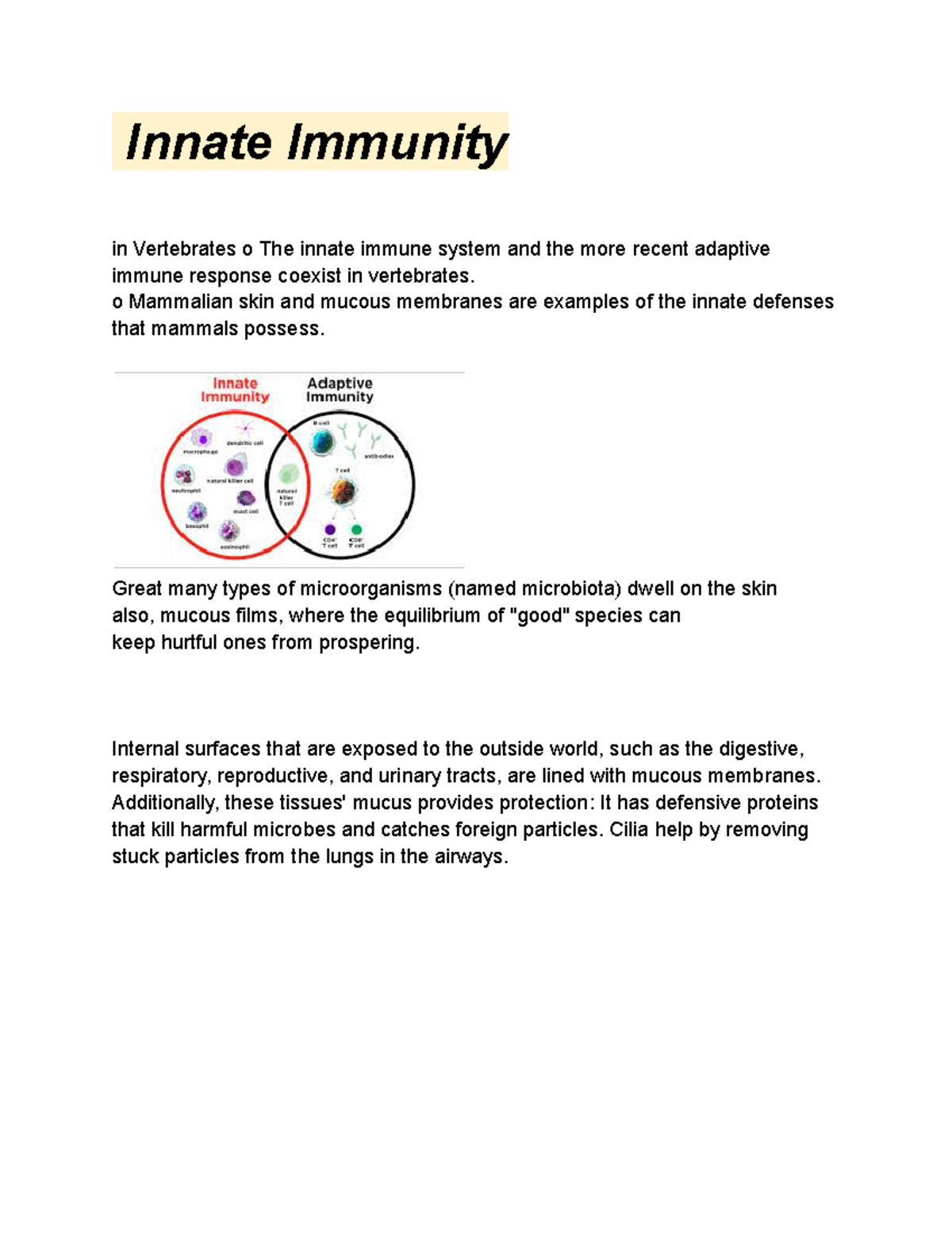 Innate Immunity - o Mammalian skin and mucous membranes are examples of ...