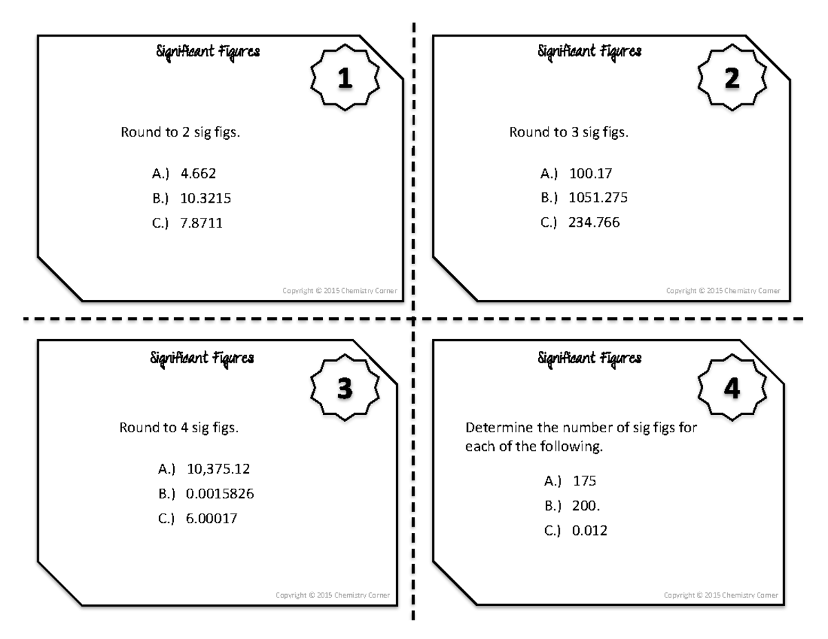 Sig Fig Task Cards Single Copy - Copyright © 2015 Chemistry Corner ...