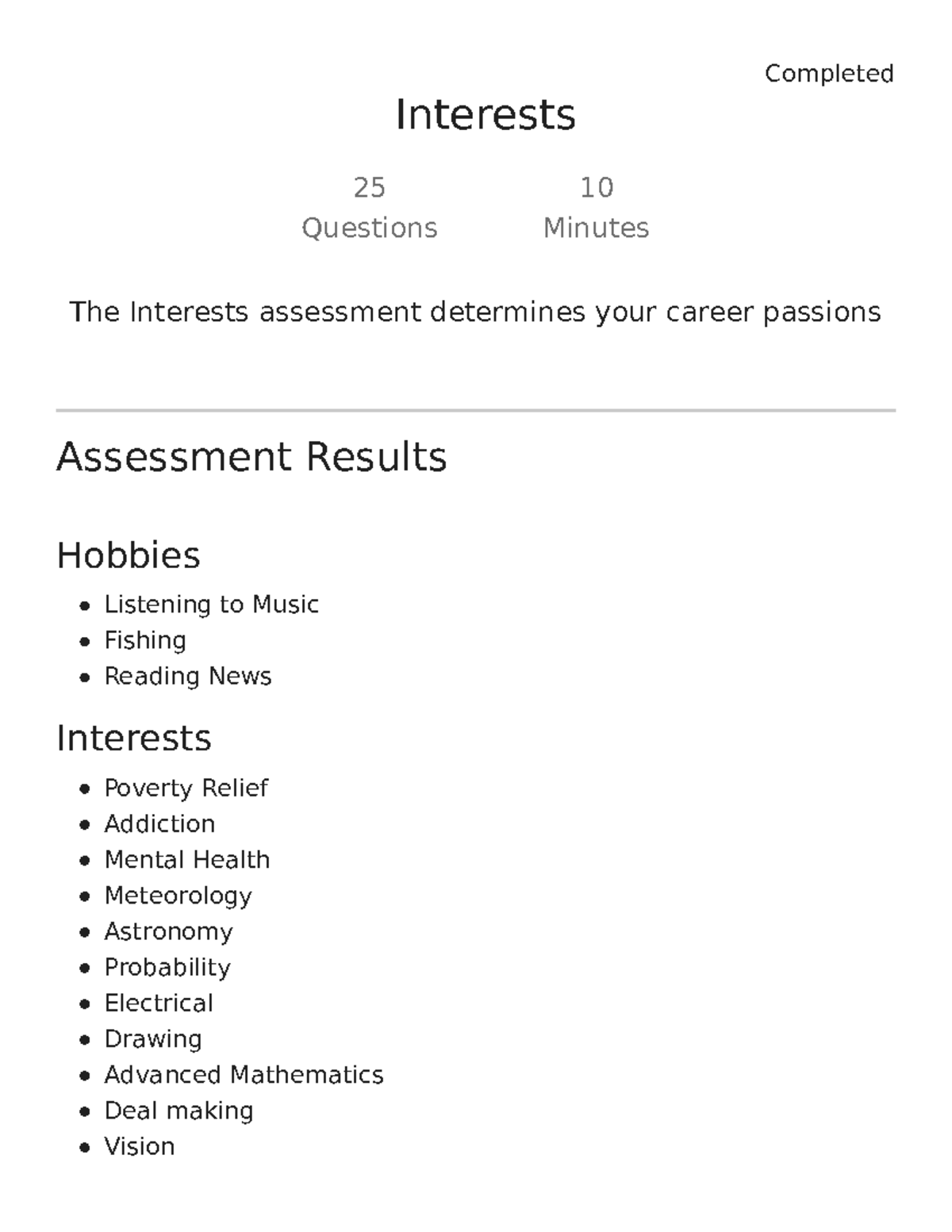 Markida results - Completed Interests 25 Questions 10 Minutes The ...