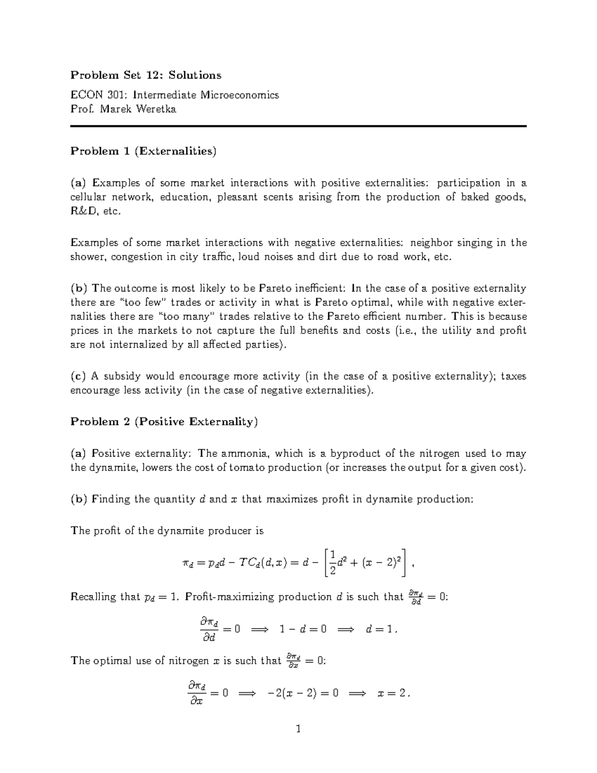 PS12Sol - Problem set solutions - Problem Set 12: Solutions ECON 301 ...