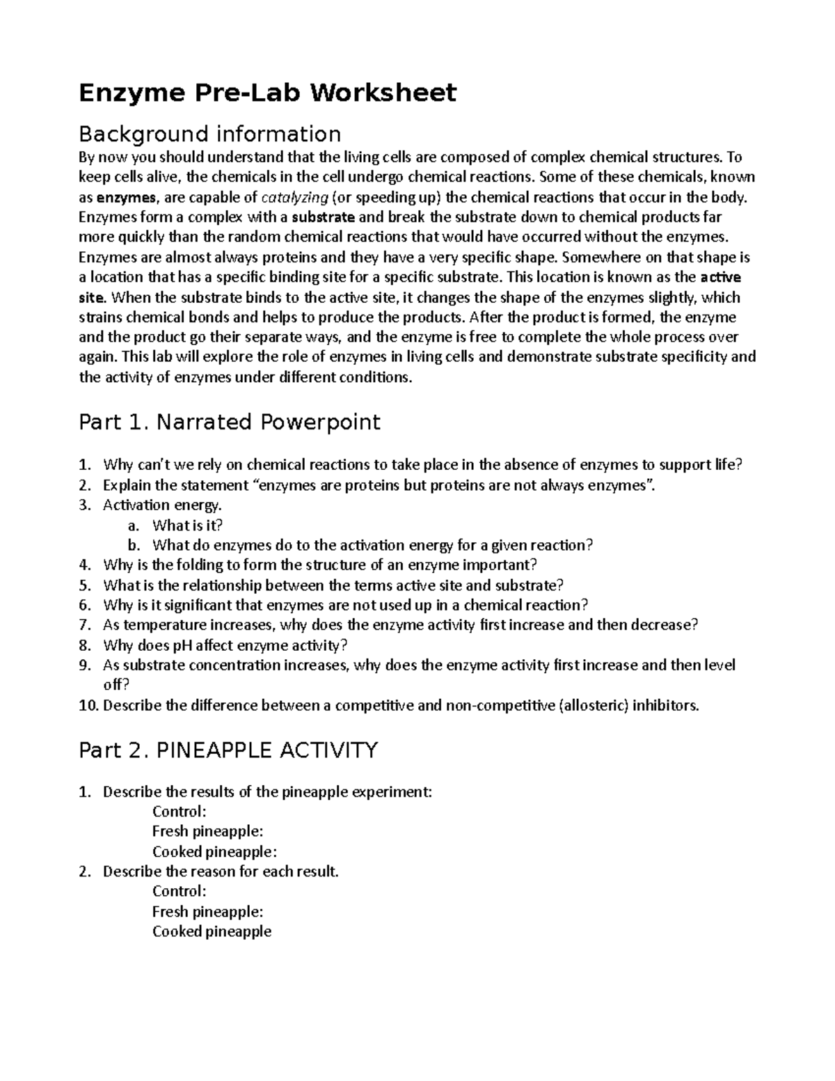 F21 Lab 6 Enzyme Pre-Lab Worksheet - Enzyme Pre-Lab Worksheet ...